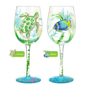 nymphfable 100% hand-painted wine glass ocean turtles seagrasses glass artisan painted glass 15oz gift for friend family (1 piece)