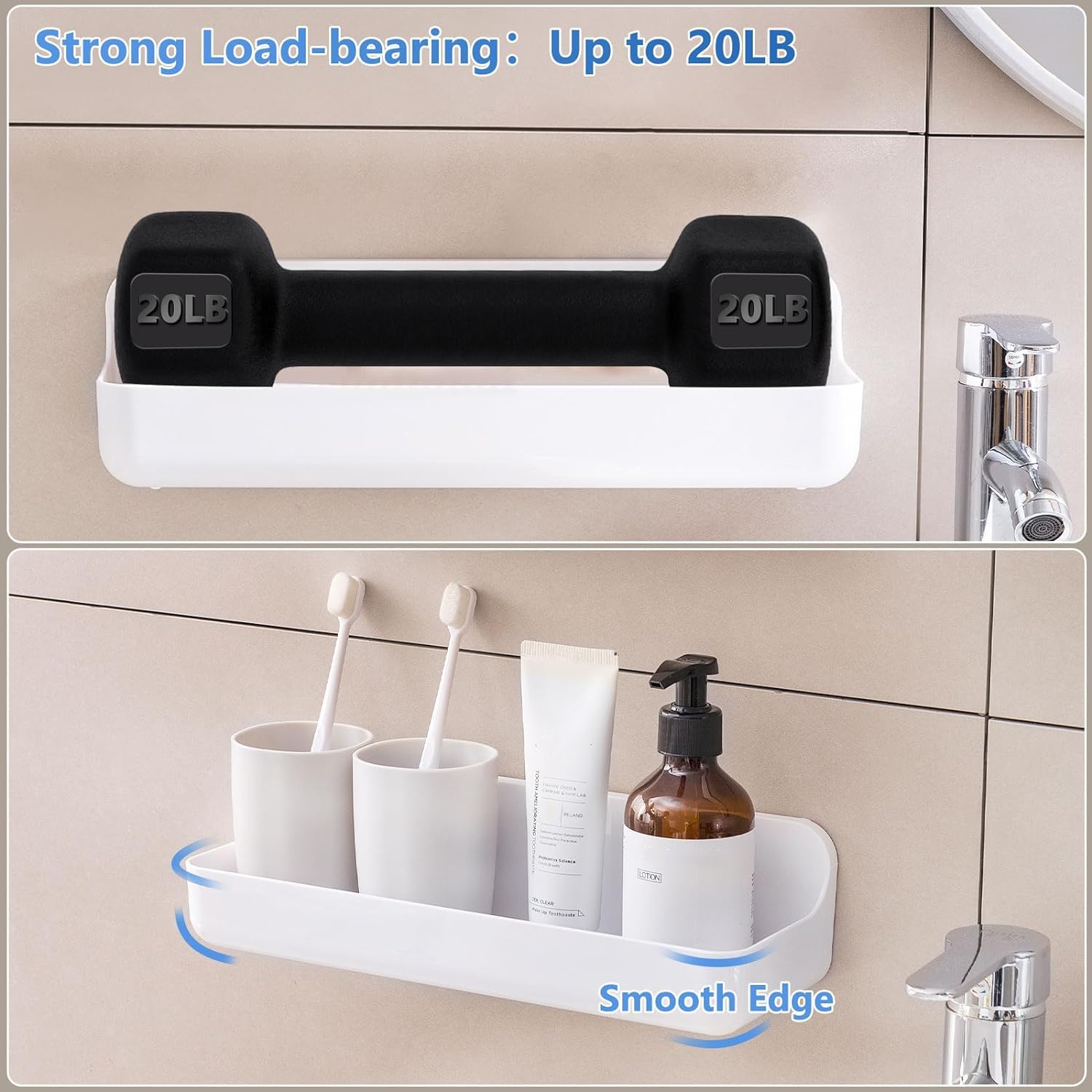 ANRUI Wall Mounted Shower Caddy, Plastic Adhesive Shelves for Wall, No Drilling Hang Shower Storage, Shower Caddies Organizer, Bathroom Shelf organizer for Bathroom, Kitchen, Cabinet Door- White