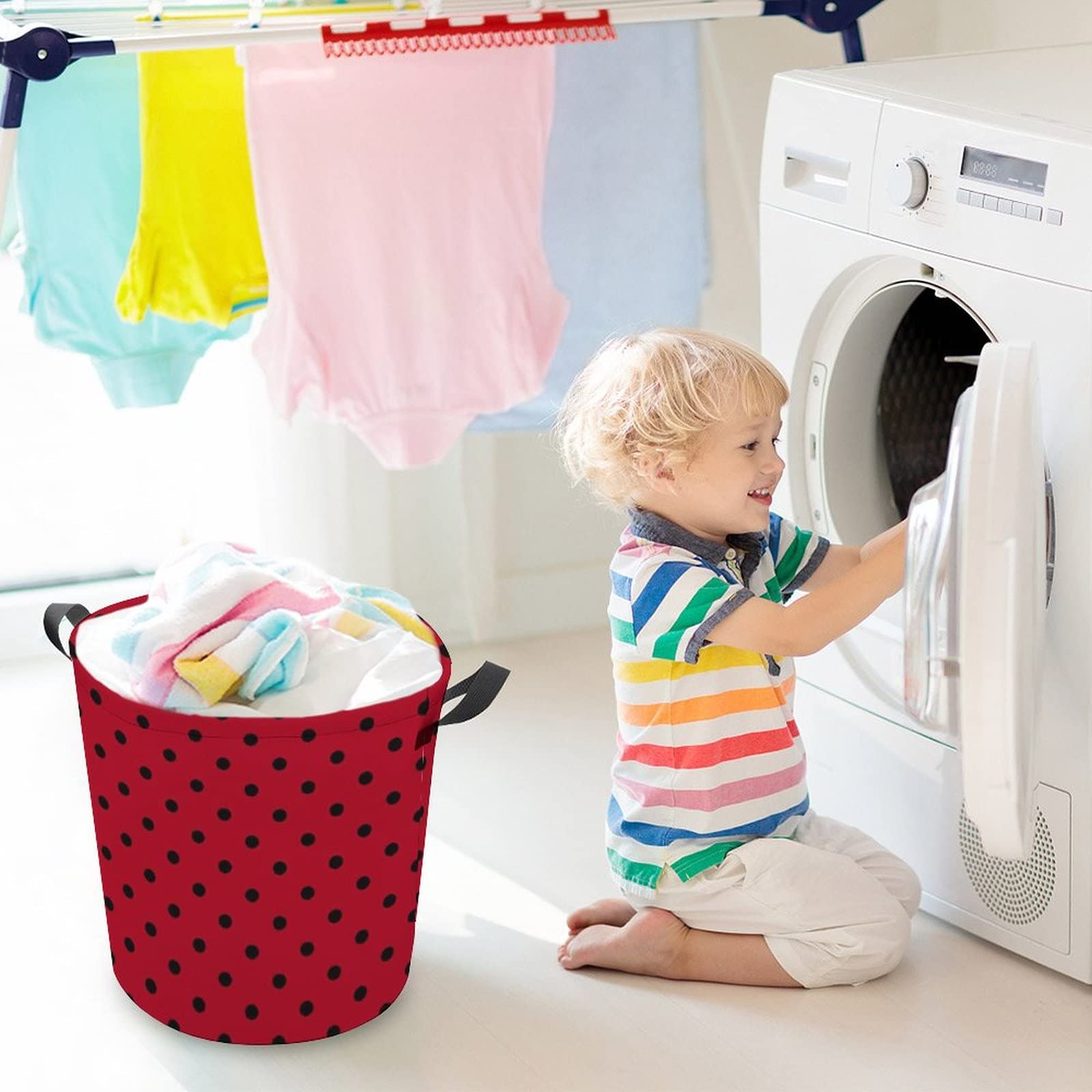 Large Laundry Hamper, Bag, Red and Black Polka Dots Collapsible Laundry Basket Dirty Clothes Washing Bin for College Dorm, Family Essentials