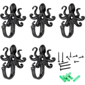 fanyun 5 pack coat hooks wall hooks, octopus decorative wall mounted hooks rustic metal hanger for towel, key holder, hanging coats, scarves, bags, purses, backpacks home decor (octopus)