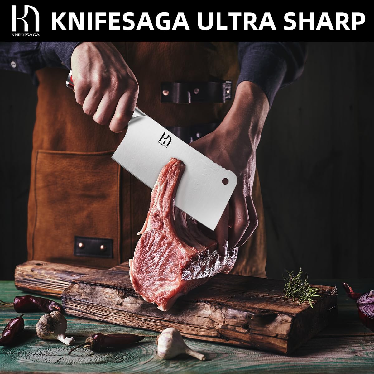 KnifeSaga 2024 Upgraded Meat Cleaver Knife, Japanese Pro 7.5 Inch Sharp Kitchen Butcher Knife for Meat Cutting and Vegetable Chopping, High Carbon Stainless Steel Big Cleaver Chef Knife Heavy Duty