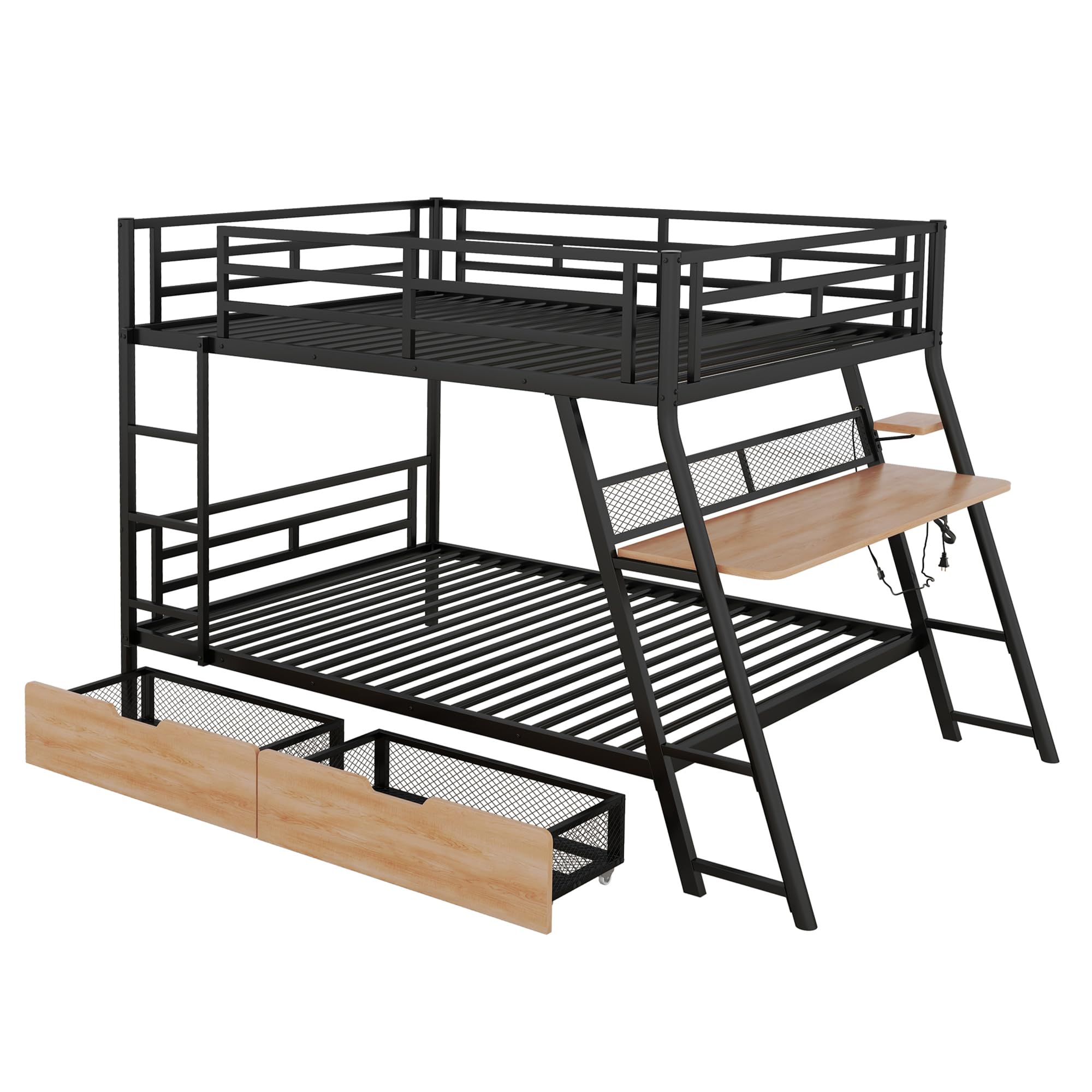 Flieks Bunk Bed, Full Over Full Metal Bunk Bed Frame with Built-in Desk, Light, 2 Drawers, Safety Guard Rails and Ladder, Heavy-Duty Steel Frame Bunk Bed for Kids Teens Adults (Black)