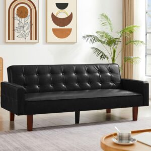 HoynPuko Multi-Functional Convertible Double Folding PU Leather Sofa Bed Living Room Furniture with Removable Wooden Legs, Adjustable Button Tufted Backrest, 74.41" W x 32.67" D x 29.13" H Black