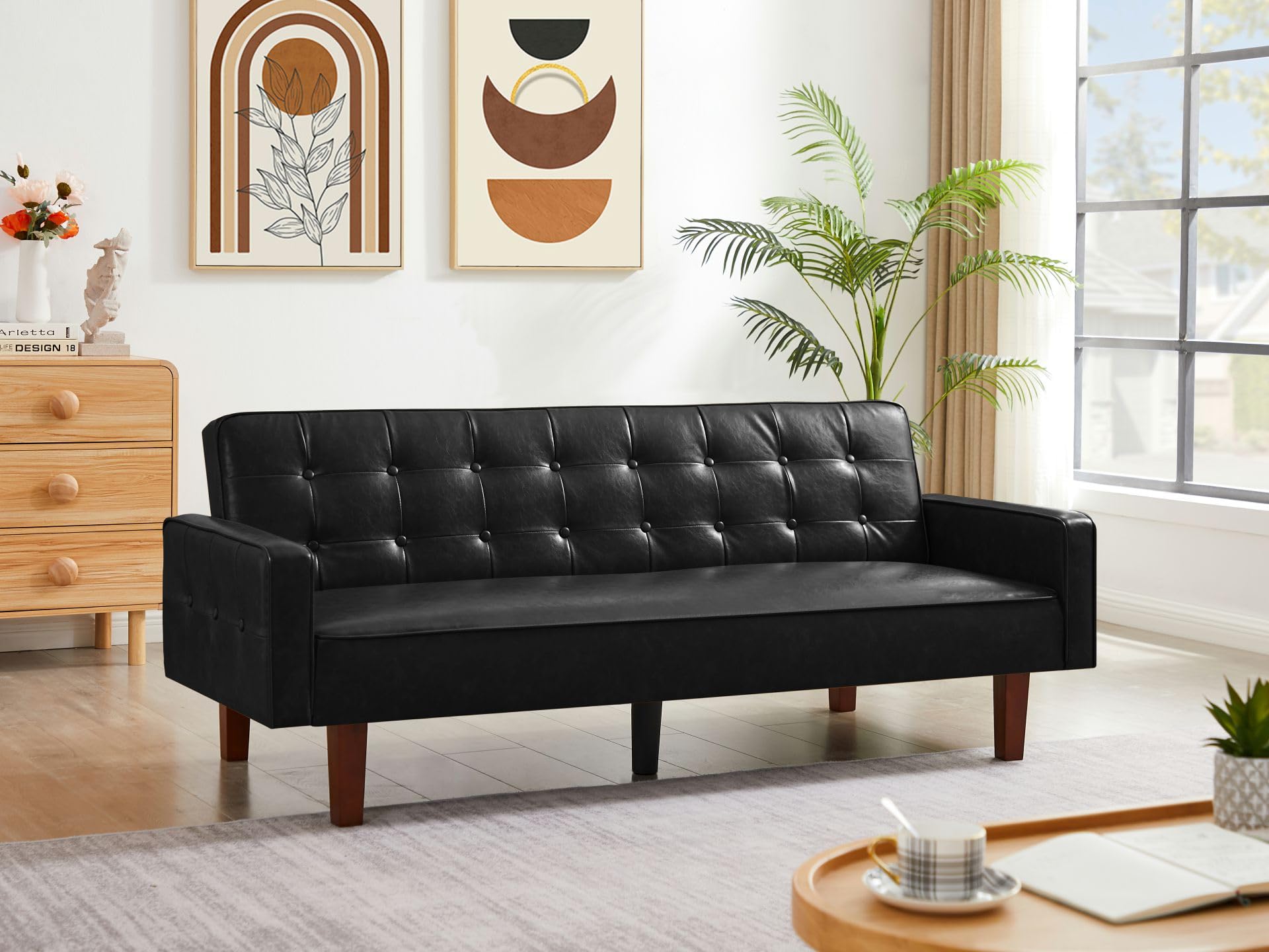 HoynPuko Multi-Functional Convertible Double Folding PU Leather Sofa Bed Living Room Furniture with Removable Wooden Legs, Adjustable Button Tufted Backrest, 74.41" W x 32.67" D x 29.13" H Black