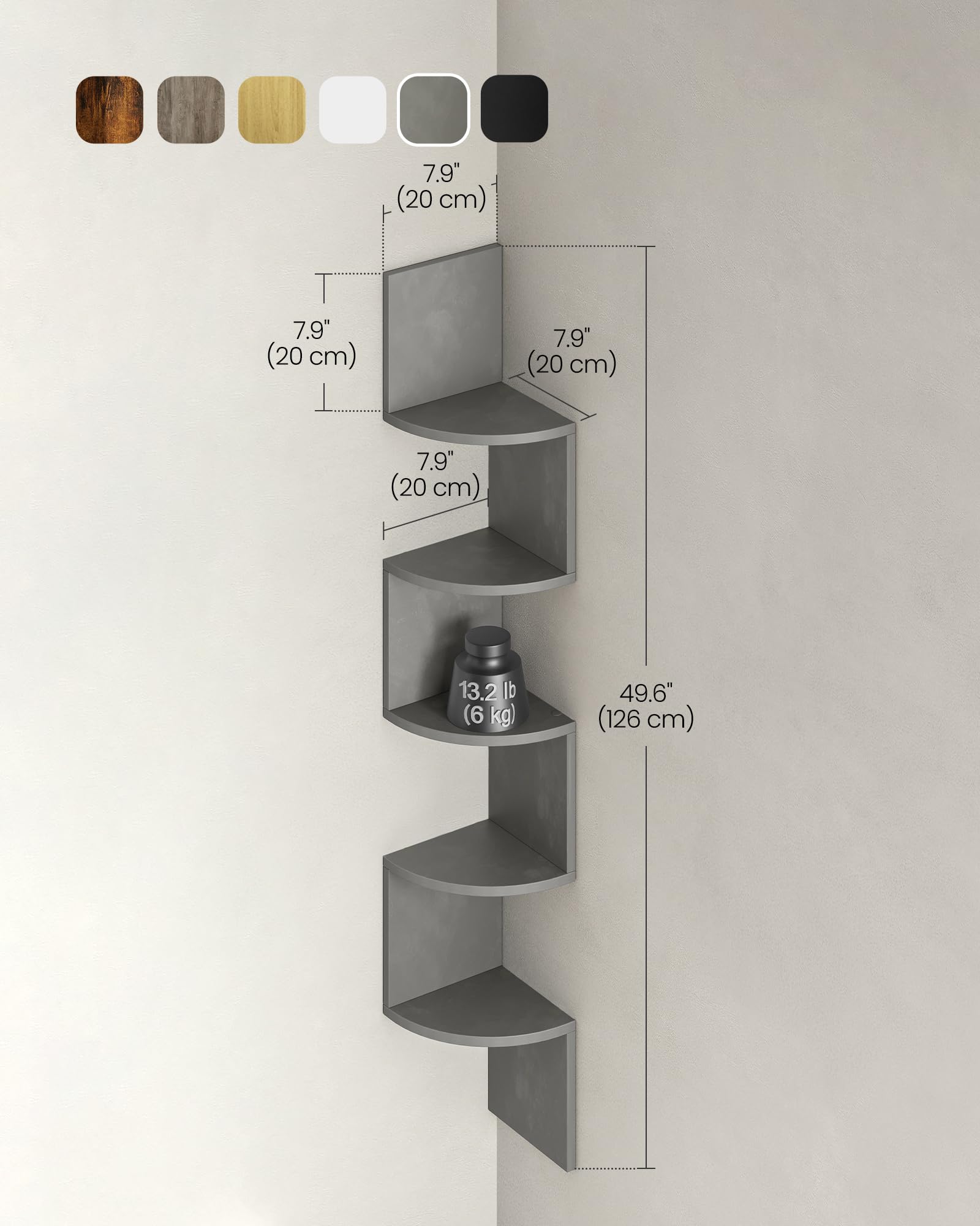 VASAGLE Corner Shelf Wall Mount, 5-Tier Floating Corner Bookshelf, Plant Shelf for Bedroom, Living Room, Bathroom, Home Office, Dove Gray