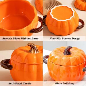 Dutch Oven Pot with Lid, Pumpkin Pottery Dessert Saucepan, Mini Baking Dish Cute Pumpkin Bowl, Covered Dutch Oven Ceramic Stockpot, Pumpkin-Shaped Casserole (Orange)