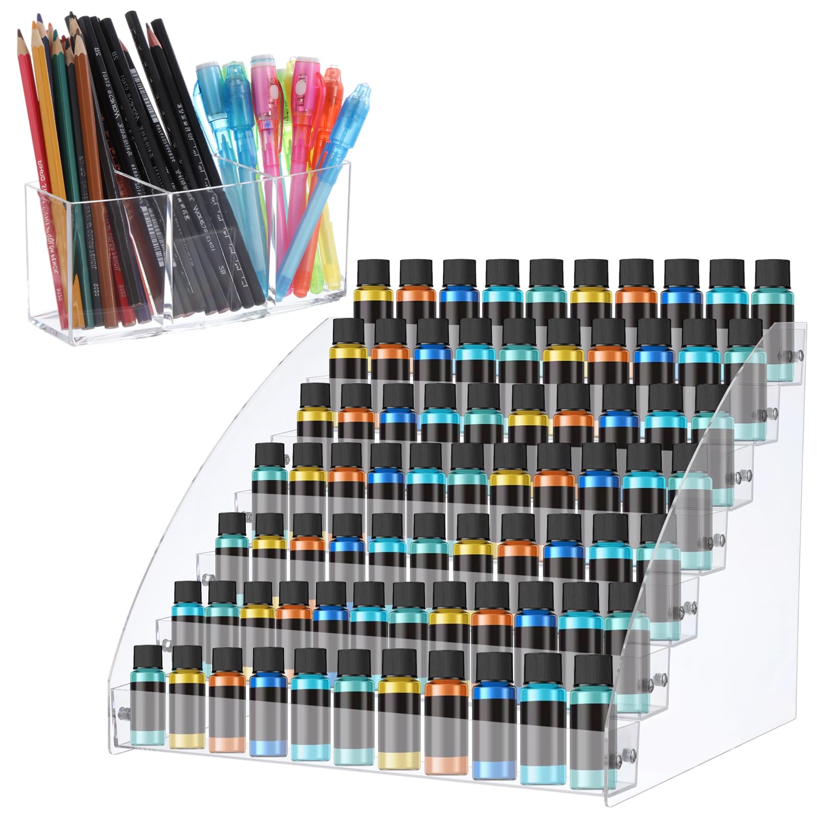 CDOKY Large 7-Tier Acrylic Paint Organizer with 3-Compartment Pen Holder, Space-Saving Paint Organizer Set Durable Acrylic Oil Paints Tubes Ink Bottle Tool Storage