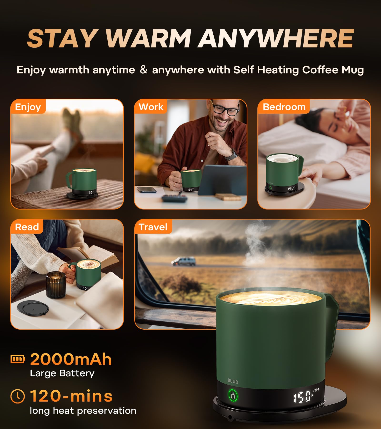 buuo Self Heating Coffee Mug, 14 Oz Temperature Control Smart Mug, double sided & Real-Time LED display, Fast Heating, mug warmer with 120 Min Battery Life, Birthday Gifts for Women and Men(Green)