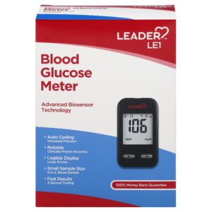 leader blood glucose meter for diabetes, advanced biosensor technology, no-coding, fast accurate results, for adults and kids 12+, compatible with leader test strips only, 1 unit