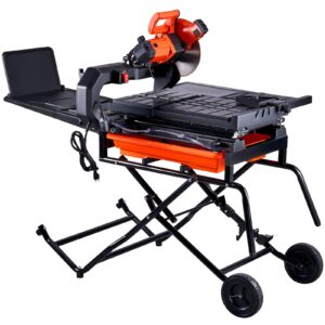 vevor wet tile saw with stand, 10-inch 65mn steel blade, 4500 rpm motor, tile cutter wet saw with water reservoir and casters, 0-45 degrees miter angle for cutting tiles, floor tiles, and stones