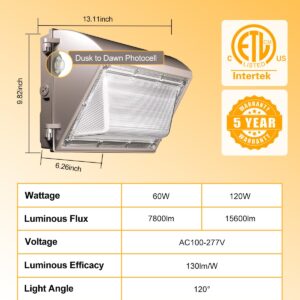 JC-LGL LED Wall Pack Light 60W 7800lm with Dusk to Dawn Photocell, 5000K Daylight Wall Pack Outdoor Light Repalces 600W HPS/HID Light, IP65 Waterproof for Stadium, Yard, Buildings, Parking Lots