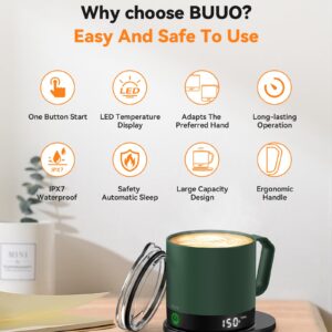 buuo Self Heating Coffee Mug, 14 Oz Temperature Control Smart Mug, double sided & Real-Time LED display, Fast Heating, mug warmer with 120 Min Battery Life, Birthday Gifts for Women and Men(Green)