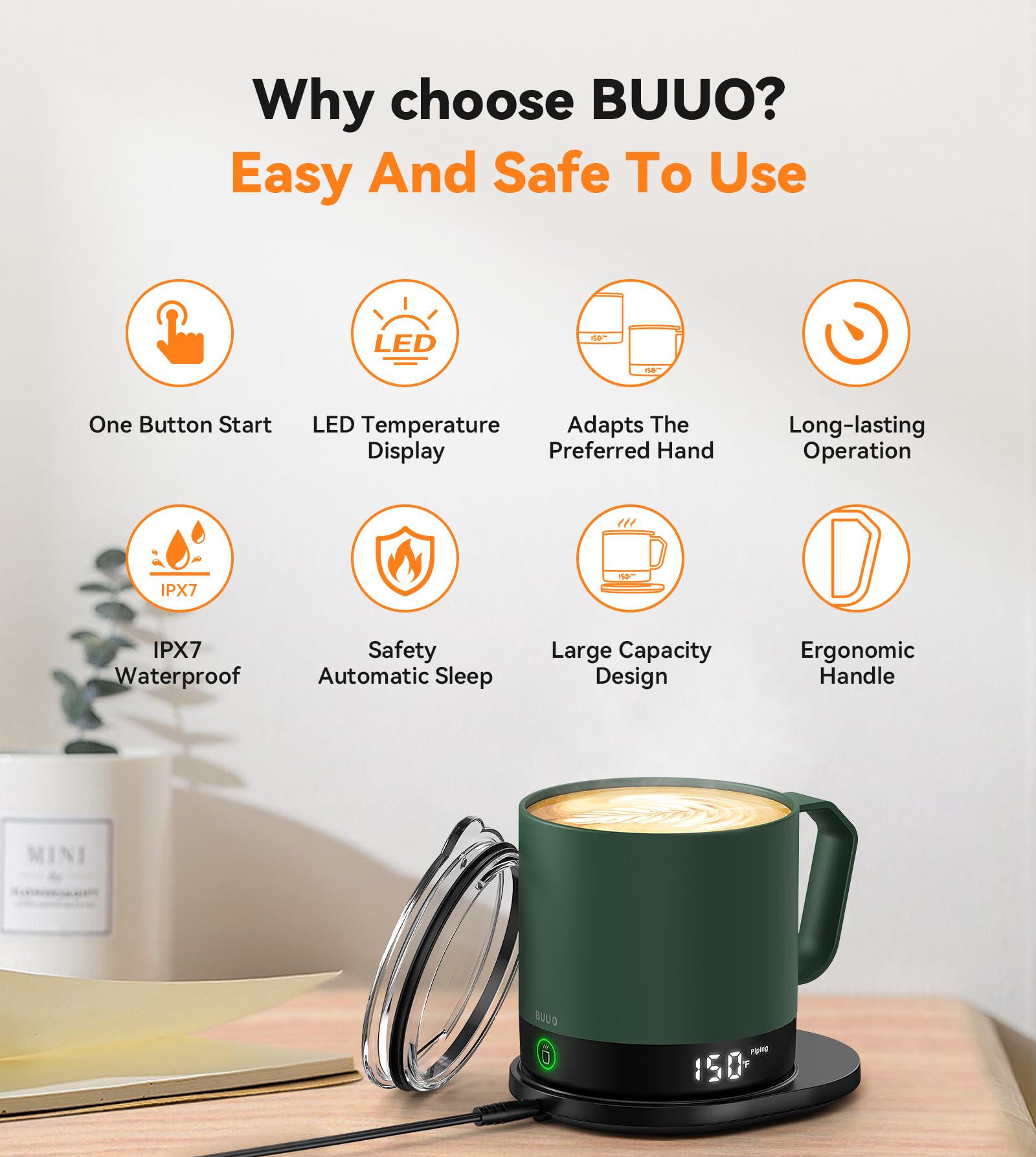 buuo Self Heating Coffee Mug, 14 Oz Temperature Control Smart Mug, double sided & Real-Time LED display, Fast Heating, mug warmer with 120 Min Battery Life, Birthday Gifts for Women and Men(Green)