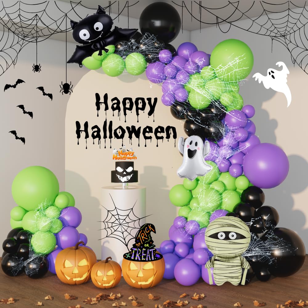 Beaumode Halloween Balloon arch with Mummy Bat Ghost Foil Balloons Black Purple Green Balloon 142pcs for Kids Spooky Ghost Party Birthday Baby Shower Decorations(Black Green Purple)