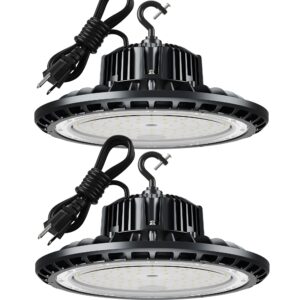 ufo led high bay light 150w 5000k, high bay led lights 21,000lm(600w mh/hps eqv.),ufo lamp with plug, hanging hook, safe rope, lighting fixtures for warehouse shop factory garage gym barn（2 pack）