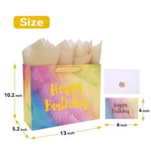 wishinside 13" Large Yellow Watercolor Gift Bag Set & Greeting Card and Tissue Papers (Gold Foil‘Happy Birthday’) for Women's, Men's, Girls, Boys, Baby Shower