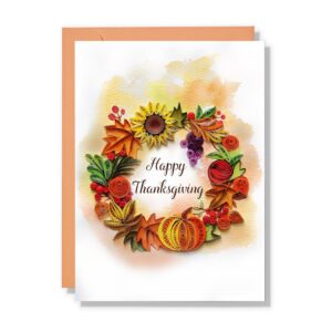 quillcraft thanksgiving colorful greeting card, happy thanks giving, fall autumn artful watercolor card, quilling quilled card for thanksgiving for men and women, him and her (thanks giving)