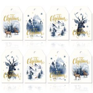 anydesign 120pcs christmas paper gift tags blue watercolor merry christmas tree elk hanging labels with hemp ropes 4 designs winter hanging paper tags for xmas art craft holiday present party supplies