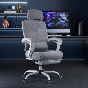 DUMOS Home Office Desk Chair with Footrest, High-Back Mesh Rolling Swivel Reclining Chairs with Wheels, Comfortable Headrest, Lumbar Support, Comfy Arms for Home, Office, Gaming, Student, Grey