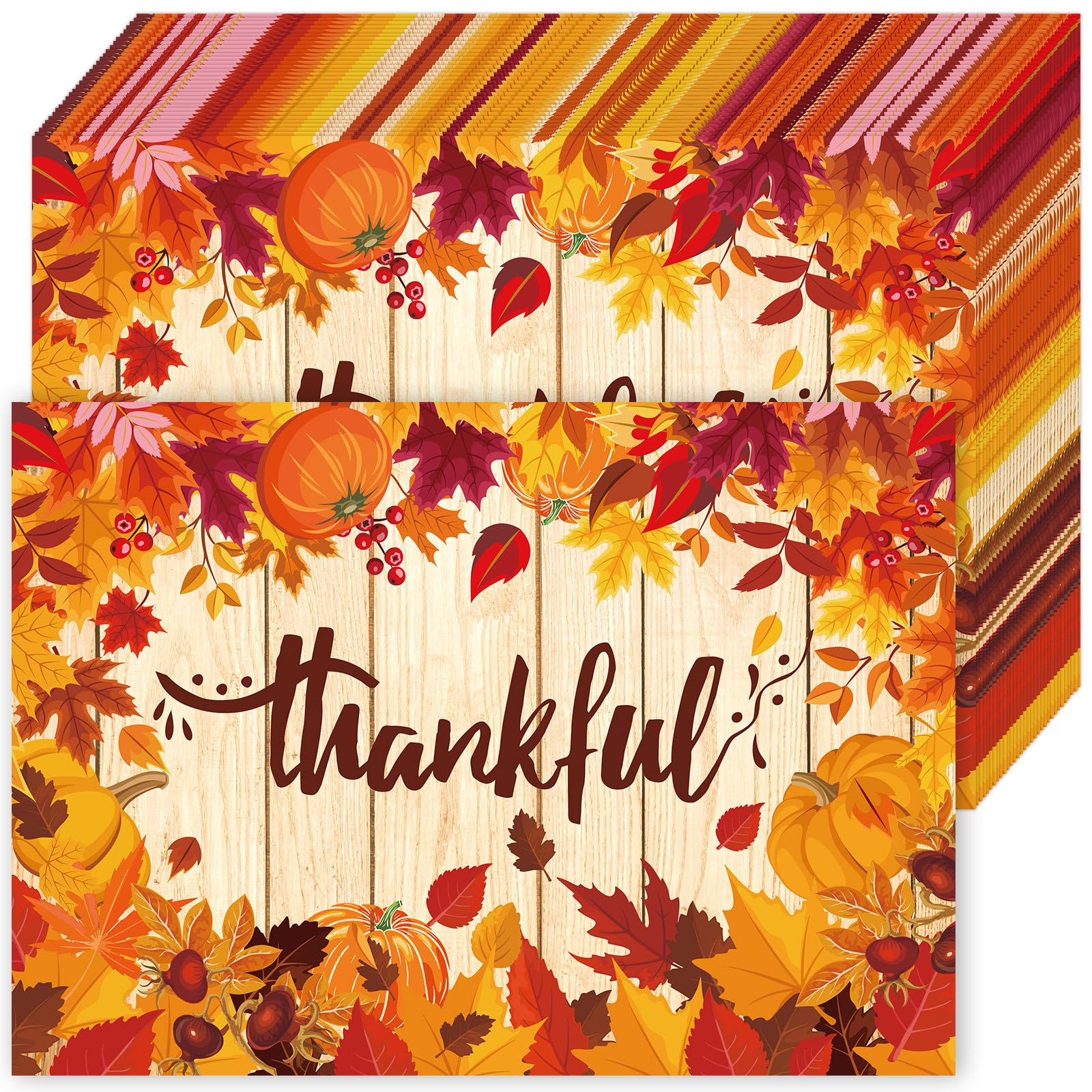 Whaline 100Pcs Fall Thanksgiving Paper Place Mats Pumpkin Leaves Disposable Placemats Autumn Seasonal Decorative Paper Table Mats, 14 x 9.8 Inch