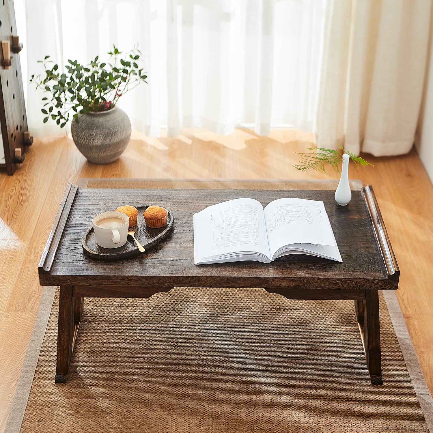 GZQWDC Japanese Floor Table,Small Coffee Table & Tea Table, Altar Table for Meditation,Low Table for Sitting on The Floor,Wood Bed Table Trays with Foldable Legs,Bed Laptop Desk