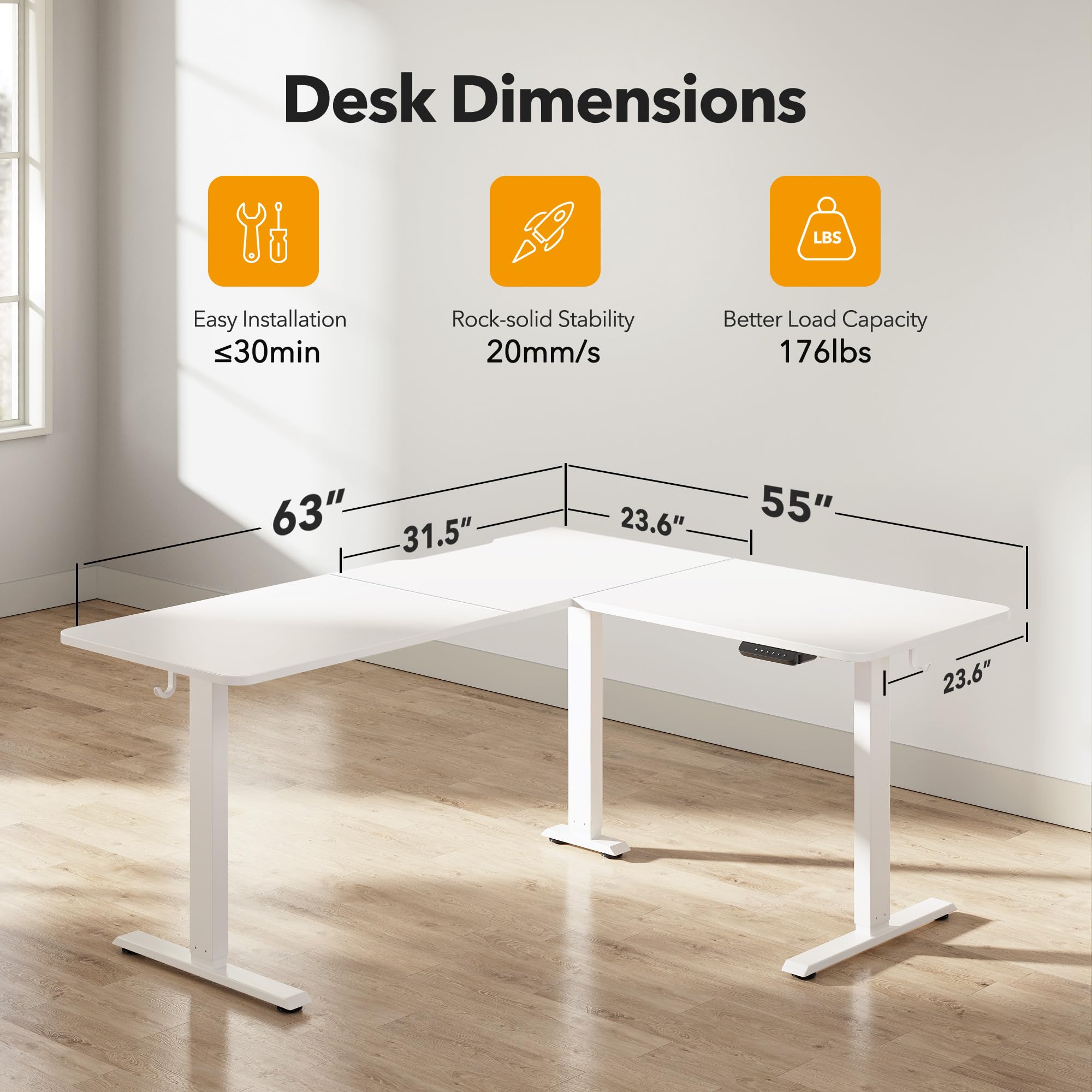 Cubiker L Shaped Standing Desk, Corner Standing Desk Electric Height Adjustable, Standing Desk L Shape with Splice Board, White