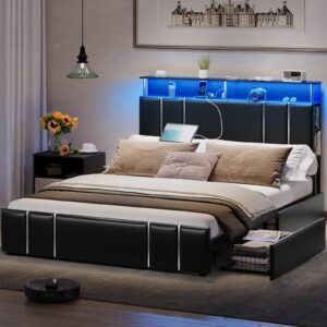 viagdo bed frame queen size with bookcase headboard and 4 storage drawers, leather upholstered queen bed frame with charging station and led lights, silver iron decor, no box spring needed, black