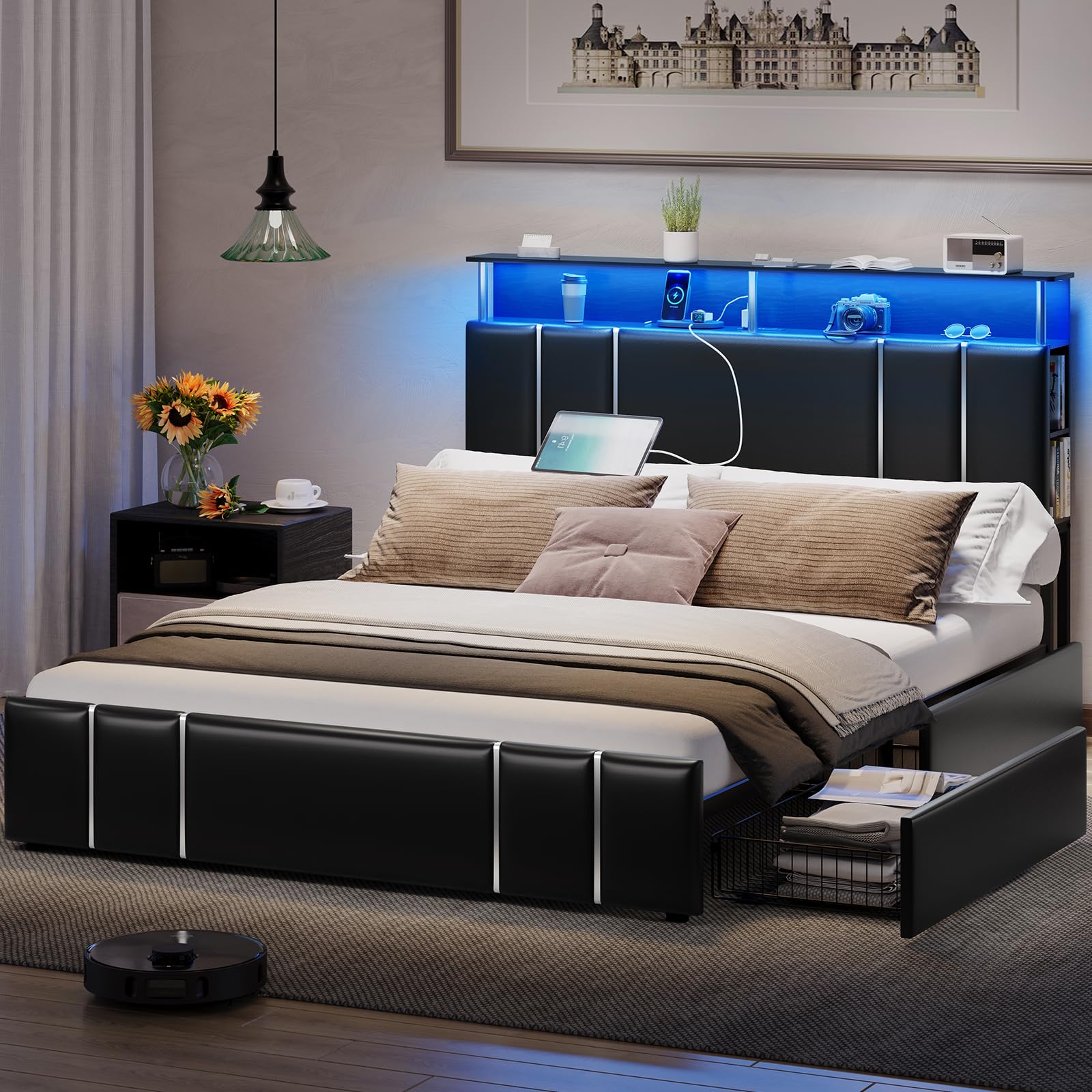 VIAGDO Bed Frame Queen Size with Bookcase Headboard and 4 Storage Drawers, Leather Upholstered Queen Bed Frame with Charging Station and LED Lights, Silver Iron Decor, No Box Spring Needed, Black