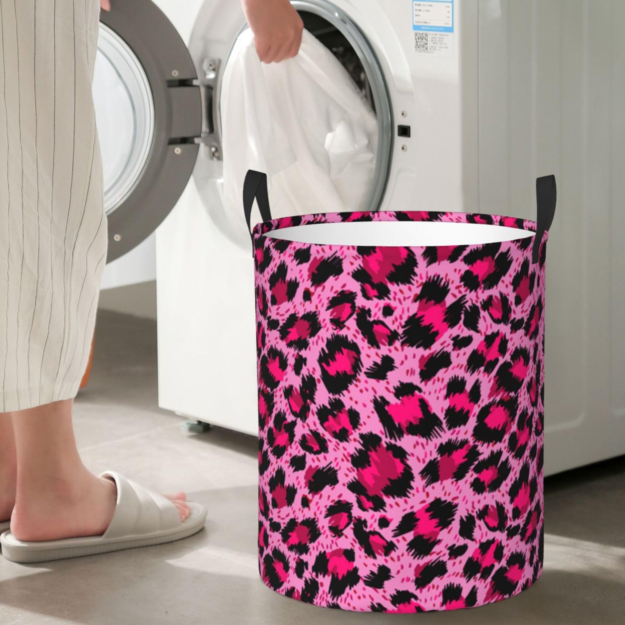 Unique Laundry Basket Compatible With Pink Cheetah Leopard Print Collapsible Laundry Hamper with Handle, Lightweight Oxford Fabric Clothes Storage Bin for Bathroom Nursery