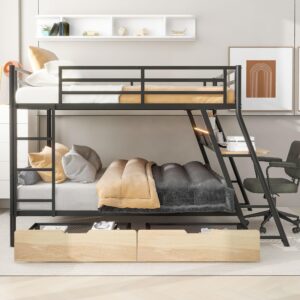 Flieks Bunk Bed, Full Over Full Metal Bunk Bed Frame with Built-in Desk, Light, 2 Drawers, Safety Guard Rails and Ladder, Heavy-Duty Steel Frame Bunk Bed for Kids Teens Adults (Black)