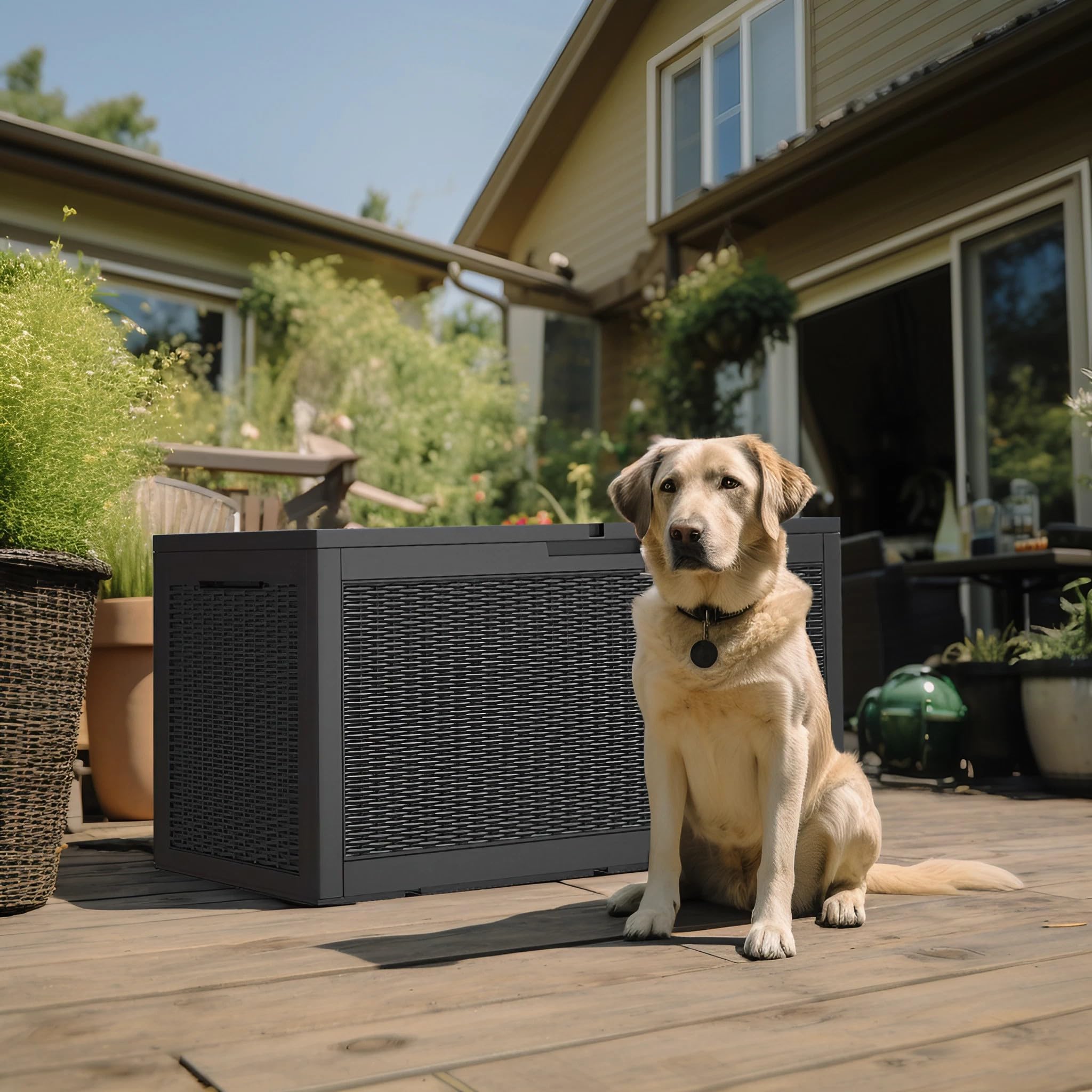 KFY deck box,100-gallon indoor and outdoor storage box made of waterproof and sun-resistant resin material, meeting storage needs for the living room, patio, swimming pool, and toolshed（black）