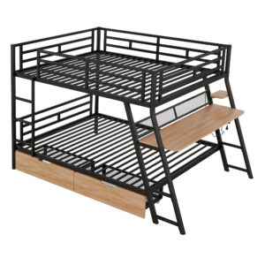 Flieks Bunk Bed, Full Over Full Metal Bunk Bed Frame with Built-in Desk, Light, 2 Drawers, Safety Guard Rails and Ladder, Heavy-Duty Steel Frame Bunk Bed for Kids Teens Adults (Black)