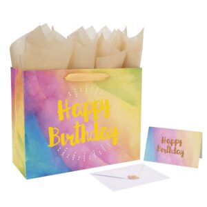 wishinside 13" large yellow watercolor gift bag set & greeting card and tissue papers (gold foil‘happy birthday’) for women's, men's, girls, boys, baby shower