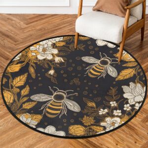 omfuns animal bee round area rug bedroom 5.2 ft, daisy floral circle floor mat non-slip washable accent throw rugs carpet for living room kids room nursery entryway laundry