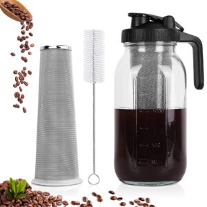 qhh cold brew coffee maker, 64 oz wide mouth mason jar pitcher with stainless steel filter, pour spout handle lid, heavy duty glass airtight & leak-proof pitcher for iced coffee & tea lemonade