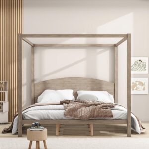 Wooden King Size Canopy Platform Bed with Headboard and Support Legs,for Kids Boys Girls Teens Adults Bedroom Use (King, Brown Wash@Headboard)