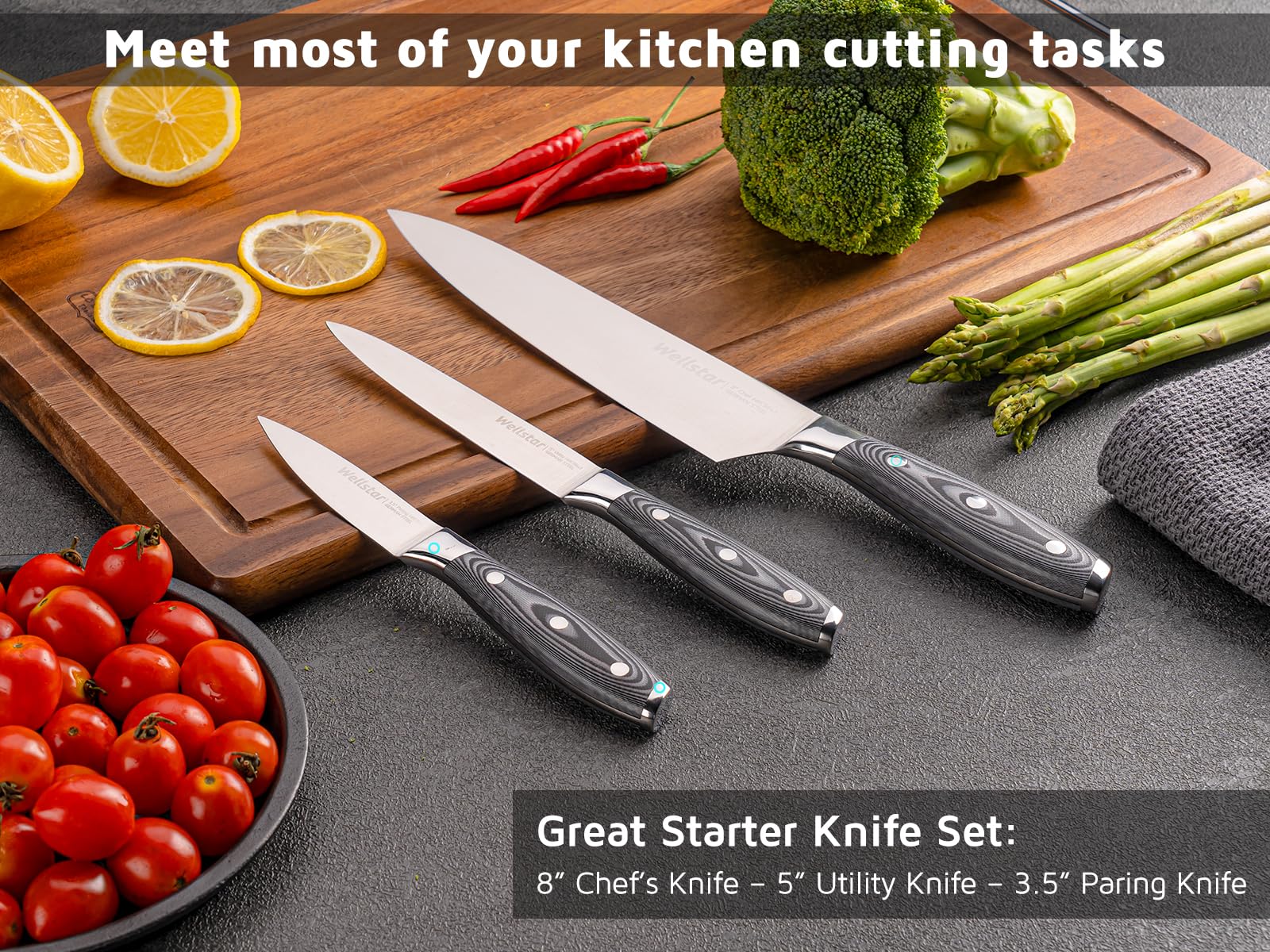 WELLSTAR Pro-Grade 3-Piece Chef Knife Set - Razor-Sharp High-Carbon Steel for Culinary Mastery at Home or Pro Kitchens