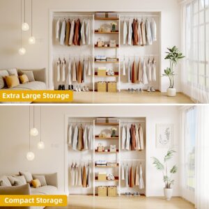 DWVO Closet Organizer System for Bedroom, Adjustable Heavy Duty Garment Rack Walk In Closet System, 4 Expandable Hanger Rods 5-Tier Wood Closet Storage Shelves with Backplane, Fits 6-9 ft Space, White