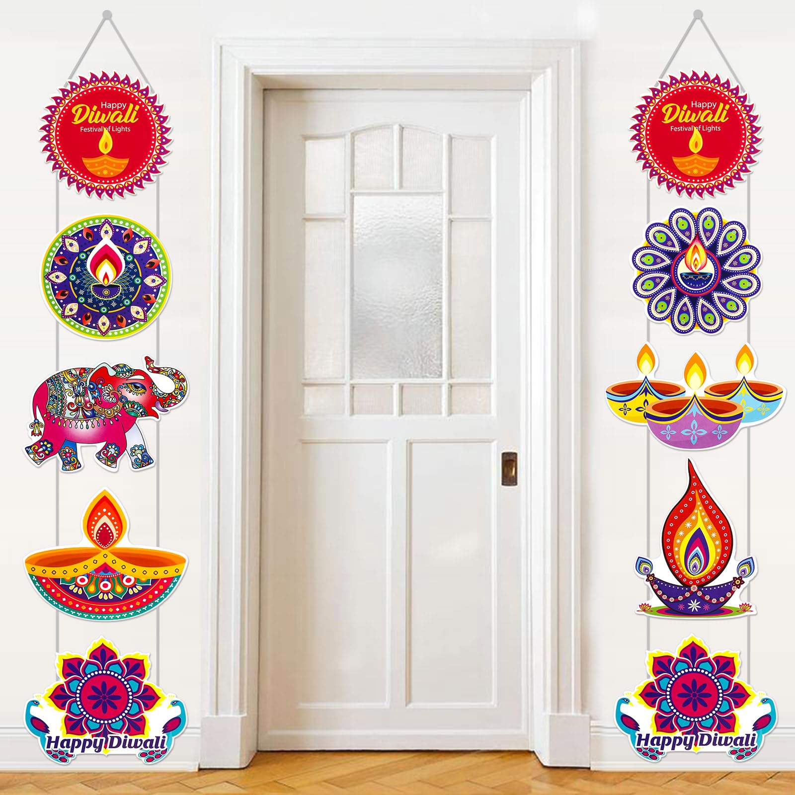 Hotop 2 Pcs Happy Diwali Porch Signs 78 x 11.4 Inch Deepavali Themed Hanging Banners Diwali Decorations for Home Festival of Lights Party Front Door Hanging Decorations for Diwali Indian Party Supply