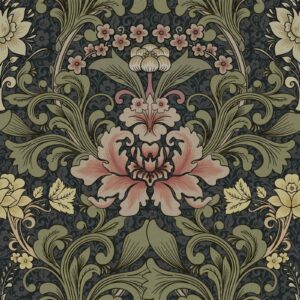 abyssaly william morris floral wallpaper peel and stick, vintage flower wall murals, removable self-adhesive printed dark green pink contact paper for home kitchen bedroom decor, 17.7in x 118in