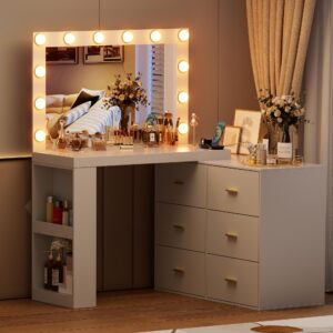 PakaLife Makeup Vanity with Mirror and 3-Color Lights, Vanity Desk Dressing Table with Charging Station,6 Drawers,Side 2 Storage Shelves for Bedroom,White