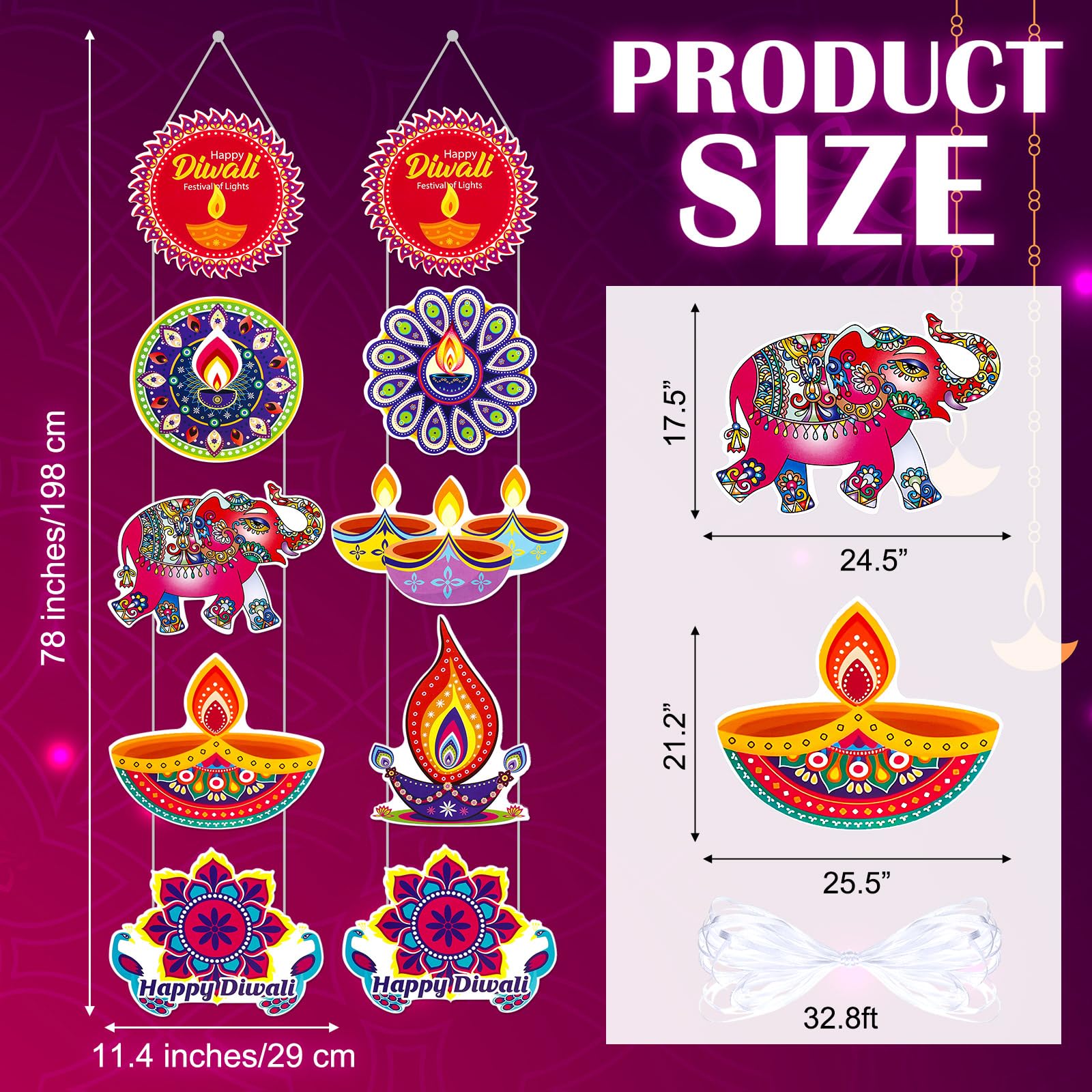 Hotop 2 Pcs Happy Diwali Porch Signs 78 x 11.4 Inch Deepavali Themed Hanging Banners Diwali Decorations for Home Festival of Lights Party Front Door Hanging Decorations for Diwali Indian Party Supply