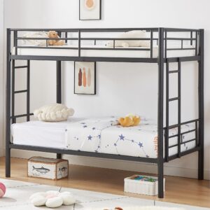 vecelo metal bunk bed twin over twin, industrial bunkbeds with ladder and full-length guardrail, noise free, no boxing spring needed, black