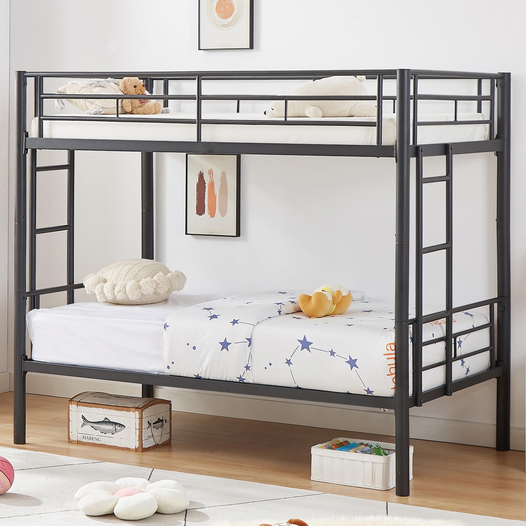 VECELO Metal Bunk Bed Twin Over Twin, Industrial Bunkbeds with Ladder and Full-Length Guardrail, Noise Free, No Boxing Spring Needed, Black