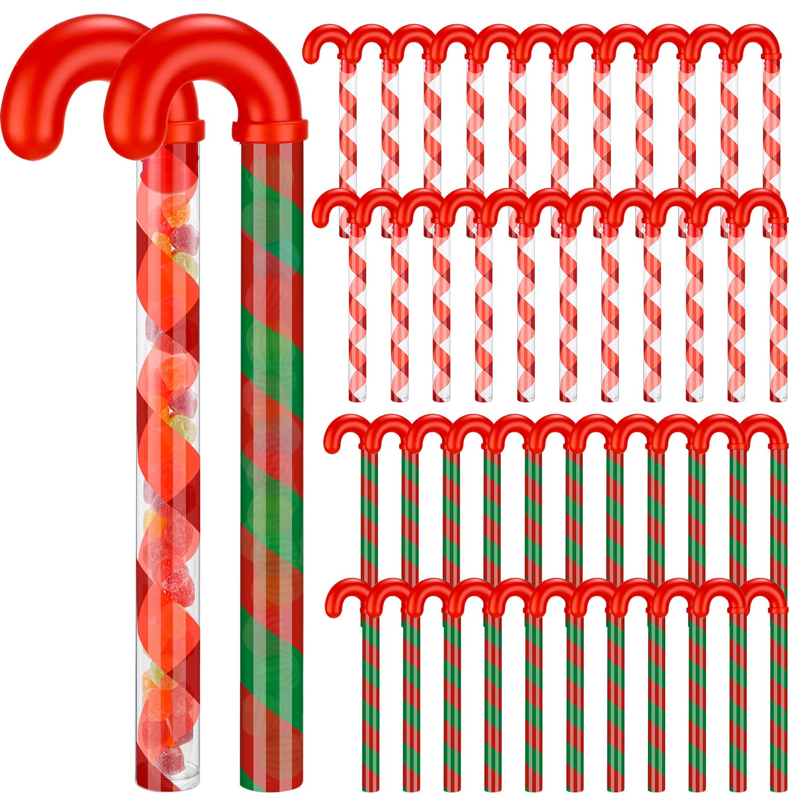 Soaoo 60 Pcs Christmas Candy Cane Shaped Tube Containers Bulk 12 Inch Empty Holiday Candy Tubes with Red Topper Christmas Plastic Crutch Container for Candy Chocolate Stocking Filler