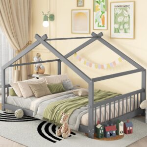 montessori floor bed frame full size, full floor bed frame with headboard, footboard and slats, wood montessori bed frame/montessori house bed for kids, girls, boys(gray)