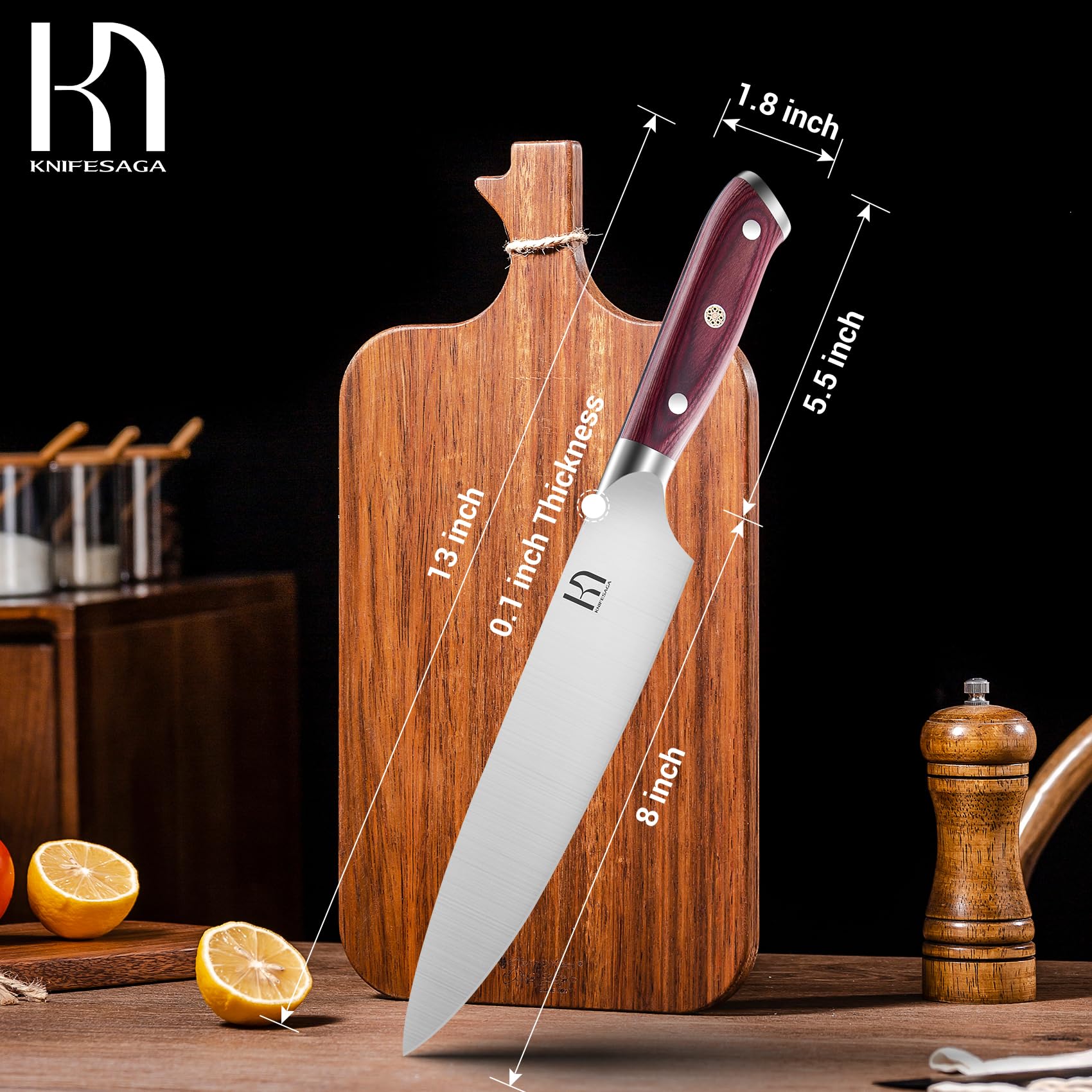 KnifeSaga Japanese Chef Knife Professional 8 Inch, Next Generation High Carbon Stainless Steel Razor Sharp Kitchen Cooking Knife, High-End Gift for Pro Chefs, Luxury Box, Full Tang Handle