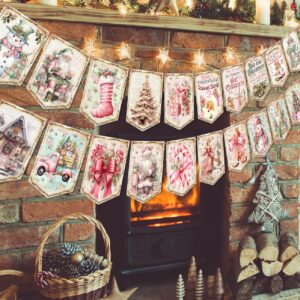 pink christmas decorations vintage style christmas banner, traditional retro santa claus bunting vintage merry christmas decorations for indoor fireplace home office christmas holiday new year party