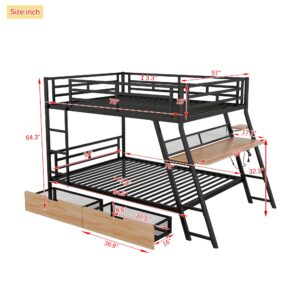 Flieks Bunk Bed, Full Over Full Metal Bunk Bed Frame with Built-in Desk, Light, 2 Drawers, Safety Guard Rails and Ladder, Heavy-Duty Steel Frame Bunk Bed for Kids Teens Adults (Black)