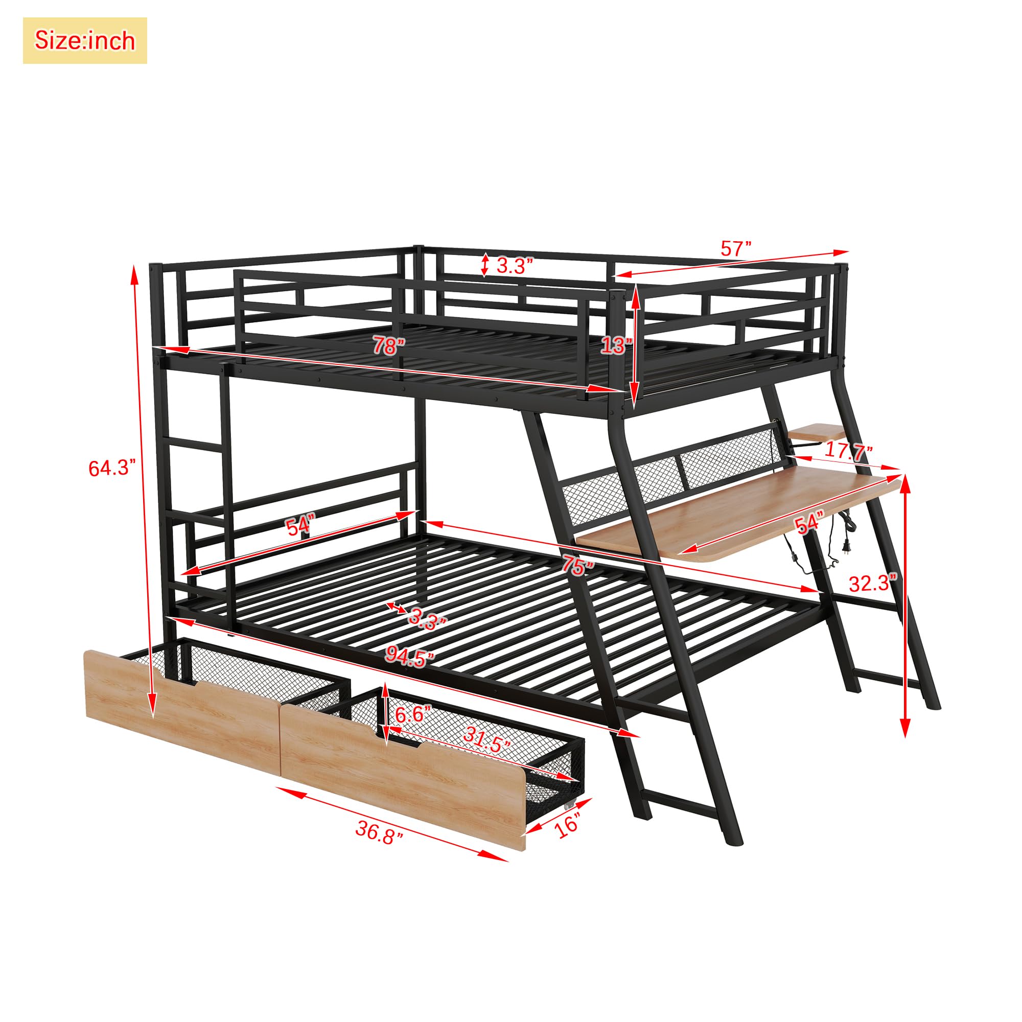 Flieks Bunk Bed, Full Over Full Metal Bunk Bed Frame with Built-in Desk, Light, 2 Drawers, Safety Guard Rails and Ladder, Heavy-Duty Steel Frame Bunk Bed for Kids Teens Adults (Black)